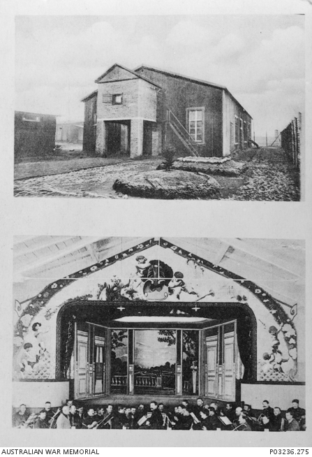 A lithographic postcard of two photographs showing the outside and the ...