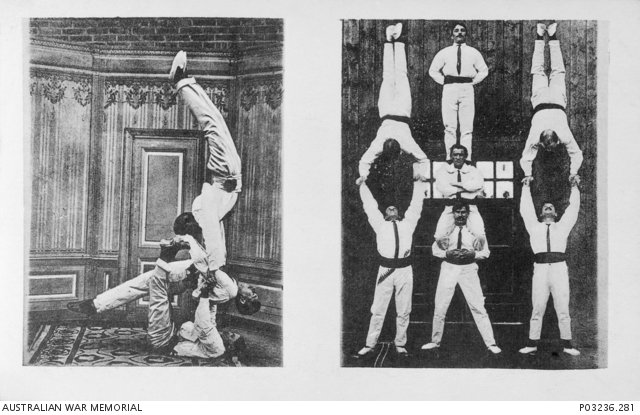 A lithographic postcard of two group portraits of Prisoners of War (POW ...