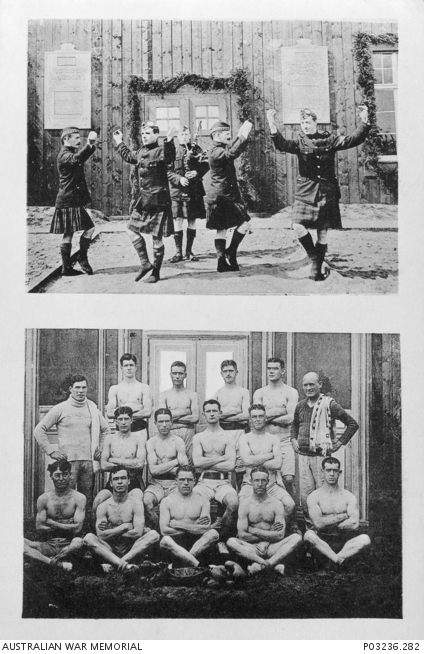 A lithographic postcard of two group portraits of Prisoners of War (POW ...