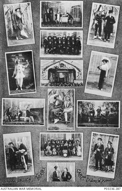 A lithographic postcard of composite scenes from the English theatre ...