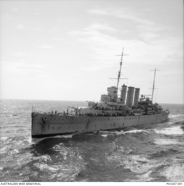 Port bow view of the County Class heavy cruiser, HMAS Canberra, as seen ...