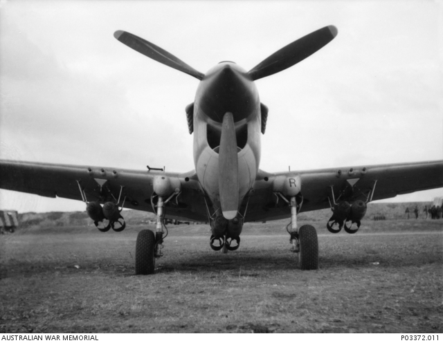 Front view of a P40 Kittyhawk aircraft of 450 Squadron RAAF. The ...