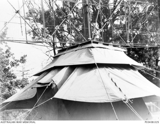 Close up detail of a Light Weight Air Warning Radar (LW/AW) Mark 1 canvas tent and modified ...