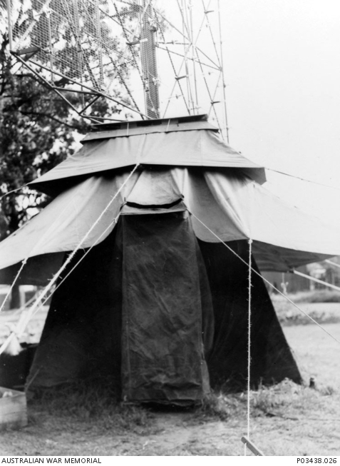 Close up detail of a Light Weight Air Warning Radar (LW/AW) Mark 1 canvas tent and modified ...