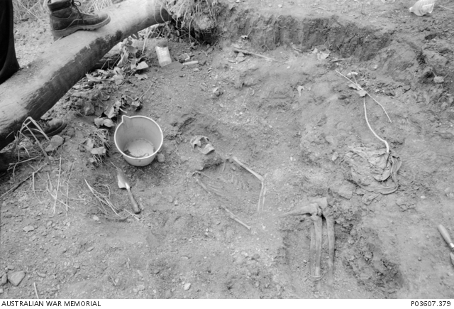Exhumation tools (a bucket and trowels) sit beside a human skeleton ...