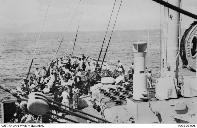 Italian prisoners from the Italian Motor Vessel Romolo in the bows of ...