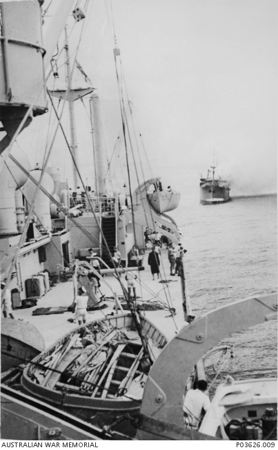 View of the Italian motor vessel Romolo well alight. Romolo was set on ...