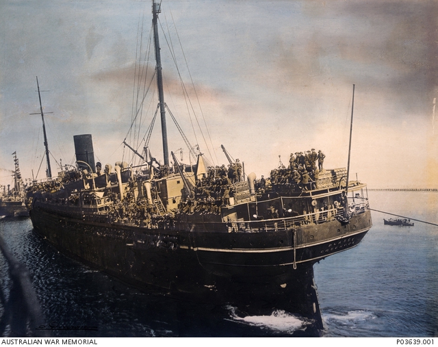 Hand coloured photograph of the troopship HMAT Plassy, viewed from the ...
