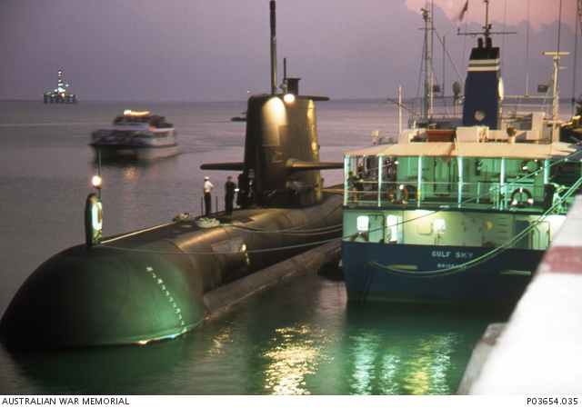RAN Collins Class submarine HMAS Waller tied up alongside a Brisbane ...