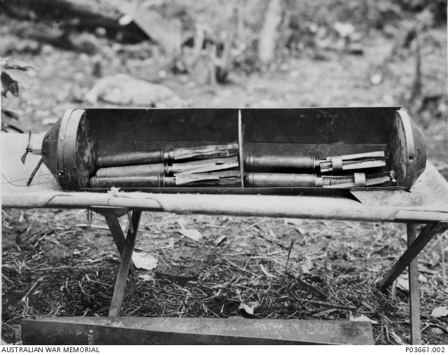 A Japanese cluster bomb dropped on Goodenough Island, with the casing ...