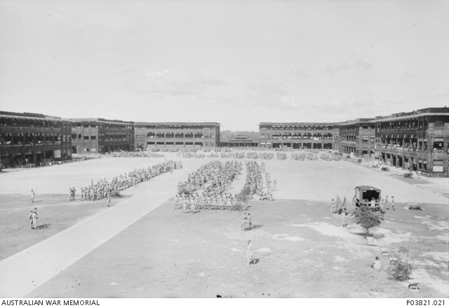 Australian soldiers parade in military dress at the Selarang Barracks ...