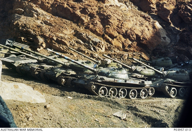 A number of captured Russian armoured fighting vehicles in a park on ...