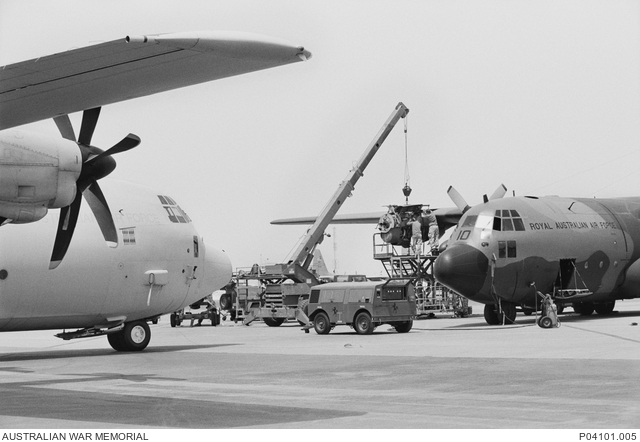 A C-130 Hercules aircraft from 36 Squadron RAAF, receiving maintenance ...