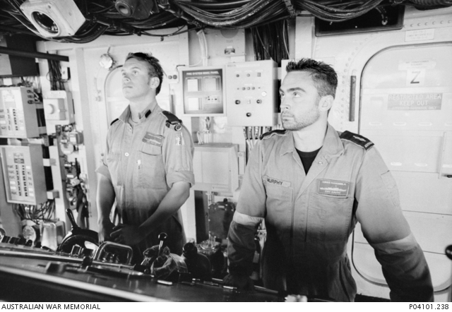 Monitoring the telegraphs bridge of the HMAS Kanimbla are Leading ...