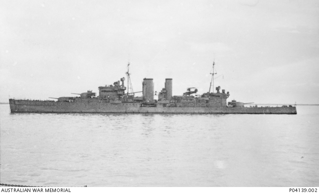 Port broadside view of the 8-inch gun cruiser HMS Exeter. Exeter was ...