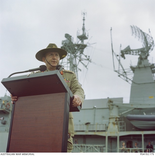 General (Gen) Peter Cosgrove, AC MC, Chief of the Defence Force, gives ...