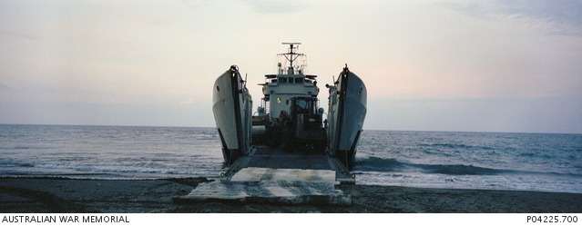 View through the bow ramp onto the cargo deck of the Balikpapan class ...