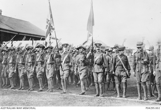 Members of the 55th Infantry (Collingwood) Regiment, marching past ...