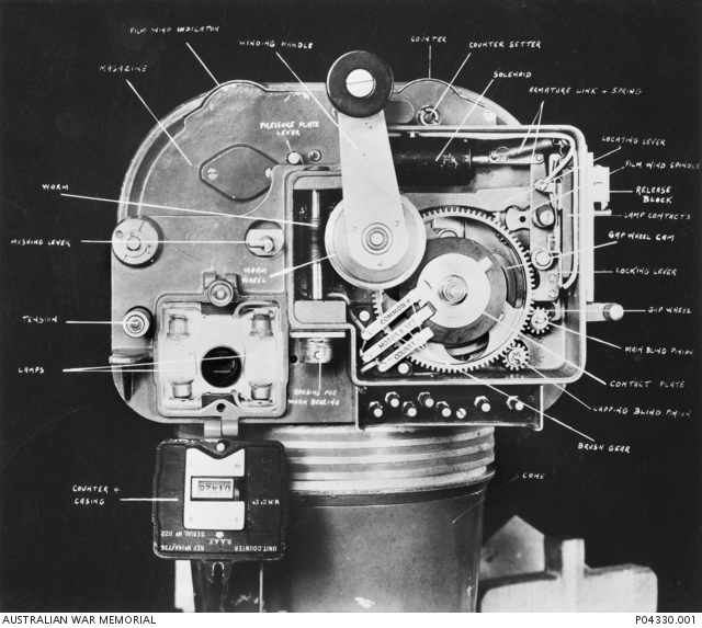 Annotated cross-section of a RAAF aerial camera. | Australian War Memorial