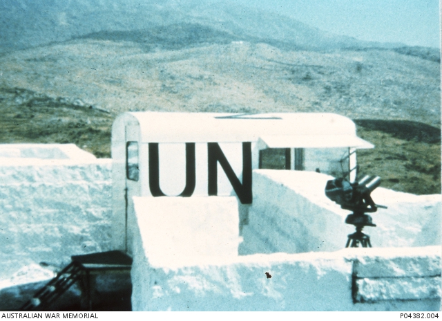 Binoculars set up at an outpost of the United Nations Truce Supervision ...
