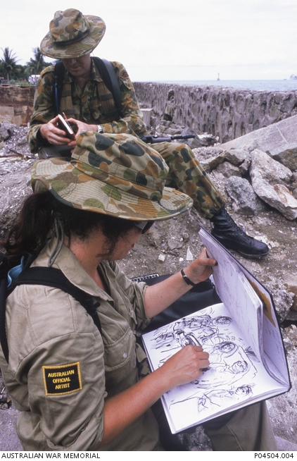 Informal portrait of Wendy Sharpe sketching by the harbour, while on ...