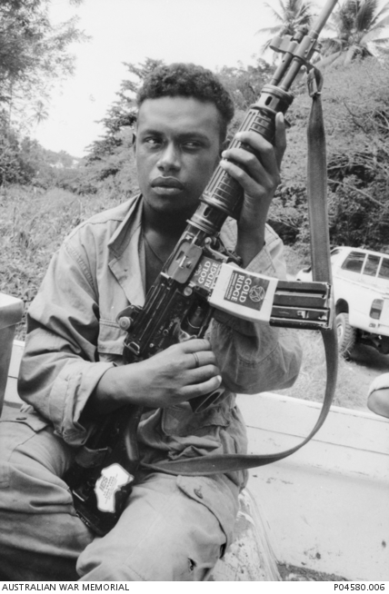 A guerilla soldier, a member of the Isatabu Freedom Movement (IFM ...