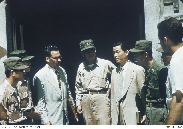Informal group portrait of unidentified Republic of Korea (ROK) army ...