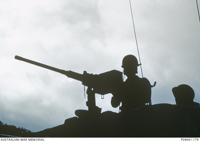 The .5 inch (50 calibre) mount on a US armoured vehicle. One of a ...