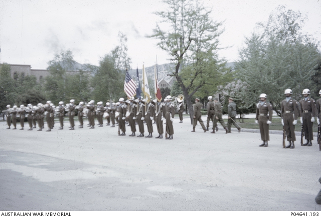 A parade of United States Army soldiers. One of a series of photographs ...