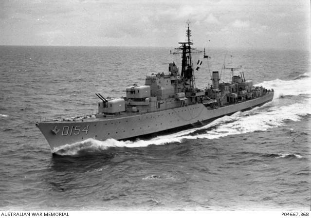 RAN Destroyer D154, HMAS Duchess, escorting HMAS Sydney to Vung Tau ...
