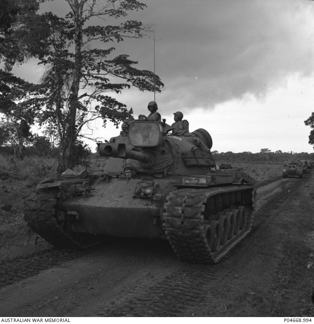 Part of an enormous column of armoured vehicles, an M48A3 tank of the ...