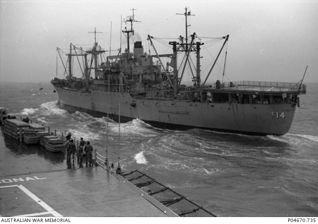 The ammunition ship USS Firedrake (AE-14), having just completed a ...