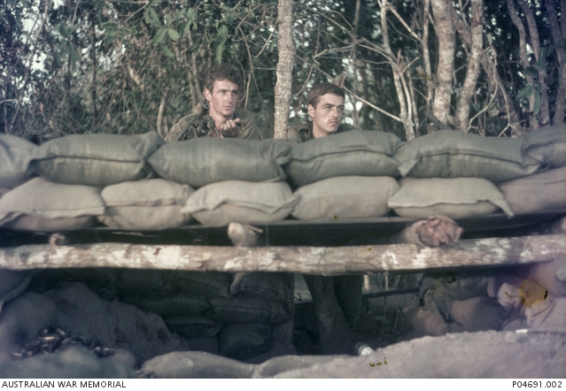 Front view of the gun pit after the first attack on Fire Support Base ...