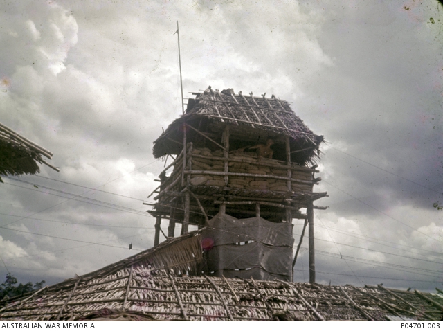 A lookout and machine-gun tower at Stass Base Camp. The camp, near the ...