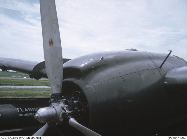 A view of the starboard engine of a No 35 Squadron, RAAF, De Havilland ...
