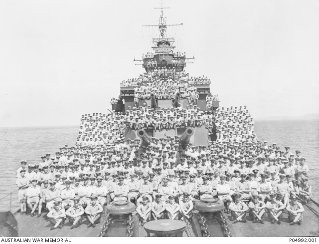 Group portrait of the unidentified ship's company (wearing hats) of the ...