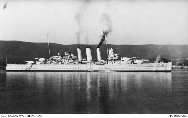 Starboard side view of the County class heavy cruiser, HMAS Canberra ...