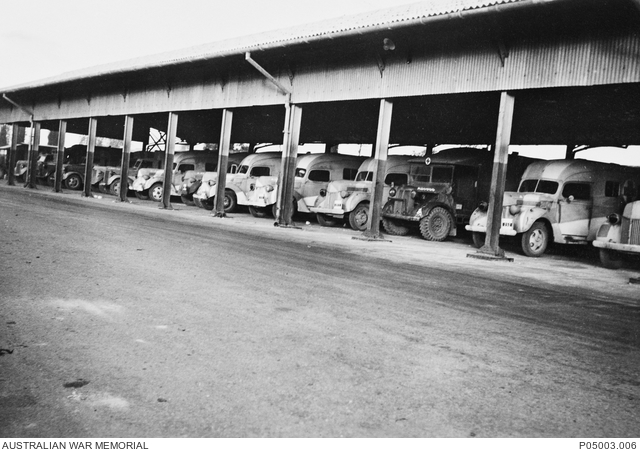 A long line of ambulances parked under cover in a garage at Rehovot ...