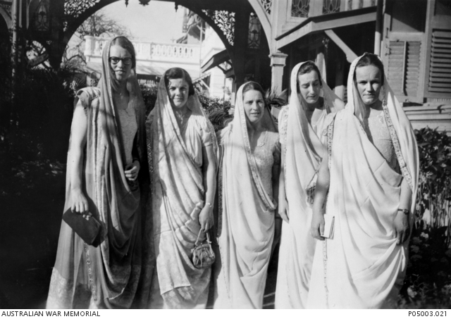 Informal group portrait of nurses wearing saris. Identified from left ...