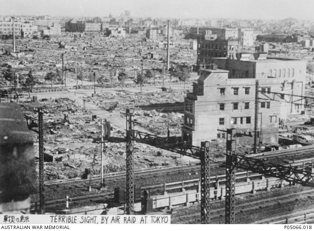 A devastated section of Tokyo, near Kanda, the result of air raids by ...