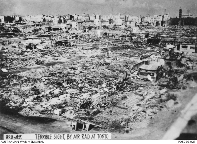 A devastated section of Tokyo, the result of air raids by United States ...