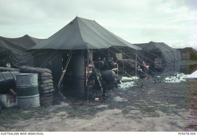 The tented work area of No 9 Squadron, RAAF, prior to the permanent ...