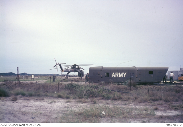 An United States (US) sky crane with its detachable pod in the ...