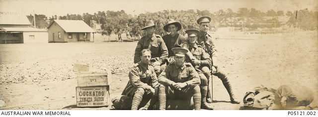 Informal group portrait of soldiers at Broadmeadows Army camp. On the ...