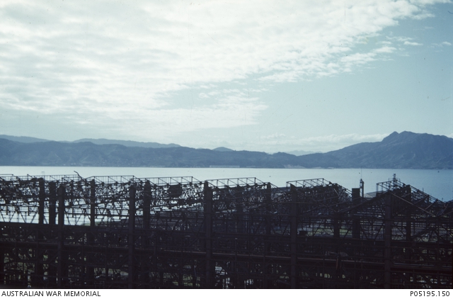 The ruins of buildings at Kure harbour docks, which were destroyed as ...