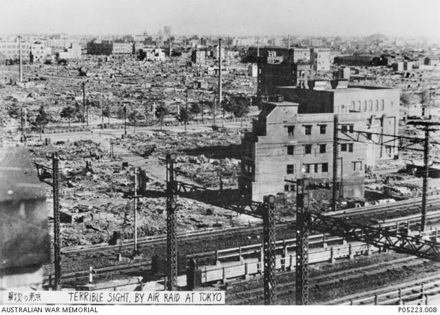 View of ruined buildings, vacant areas of land and railway lines in ...