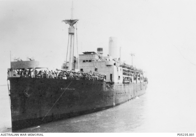 Australian troops on board the troopship HMAS Westralia leaving Darwin ...