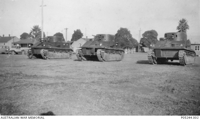 A group of three Vickers Mark II (special) tanks, probably at Randwick ...