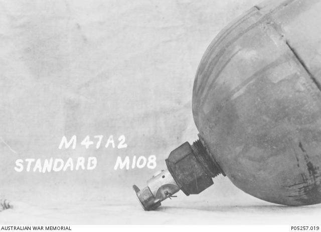 An M47A2 mustard bomb with standard M108 fuse. The M47 is a thin case ...