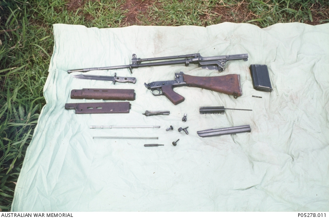 A stripped down 7.62 mm L1A1 self loading rifle (SLR) and bayonet ...